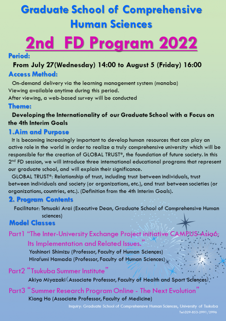 【manaba】Information of the 2nd FD Program 2022 (July 27 to August 5) of Graduate School of ...